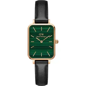 DANIEL WELLINGTON Quadro Melrose Leather Strap Watch - Rose Gold/green