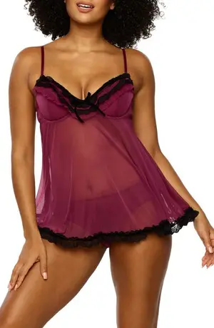 BLACK BOW Black Bow Ruffled Underwire Chemise And Briefs Set Black Lily