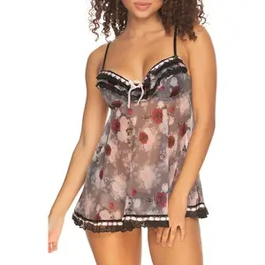 BLACK BOW Black Bow Ruffled Underwire Chemise And Briefs Set Cherry Rose