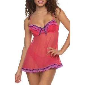 BLACK BOW Black Bow Ruffled Underwire Chemise And Briefs Set Rouge Red