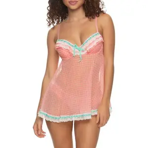 BLACK BOW Black Bow Ruffled Underwire Chemise And Briefs Set Shell Gingham