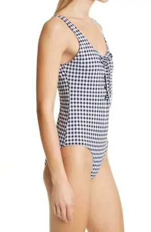 GANNI Gingham Lace-up One-piece Swimsuit