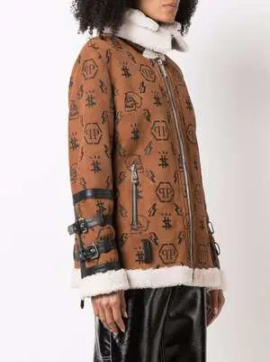 Philipp Plein Monogram Shearling-lined Suede Biker Jacket