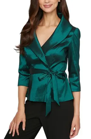 Alex Evenings Tie Waist Brushed Satin Top - Emer Grn