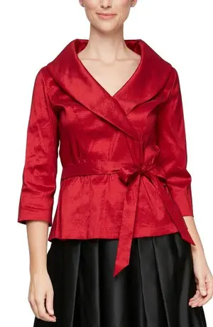 Alex Evenings Tie Waist Brushed Satin Top - Red