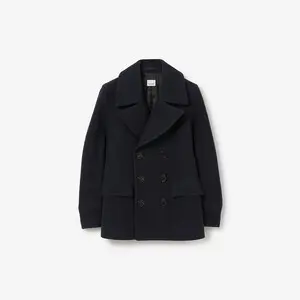 Burberry Wool Blend Pea Coat With Leather Trim