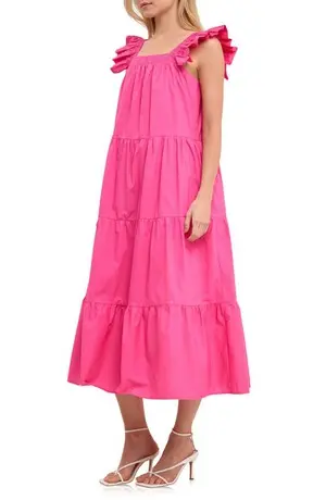 English Factory Ruffle Detail Midi Dress - Fuchsia