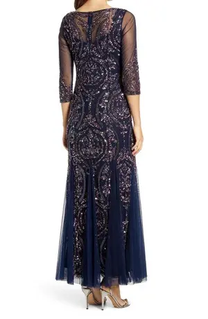Pisarro Nights Sequin Beaded Illusion Mesh Gown - Navy