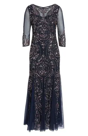Pisarro Nights Sequin Beaded Illusion Mesh Gown - Navy