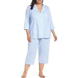 Ralph Lauren Knit Crop Pajamas - Carissa Blue/white Stripe