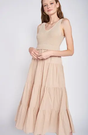 EN SAISON Mixed Media Tiered Midi Dress