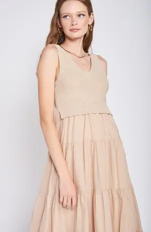 EN SAISON Mixed Media Tiered Midi Dress