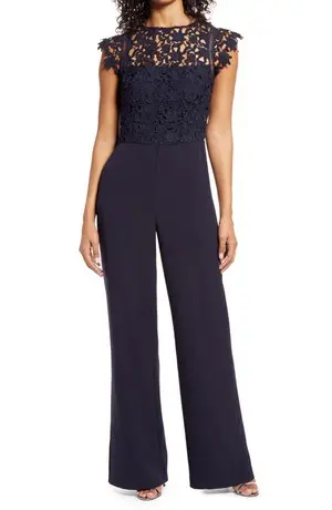 Eliza J Lace Bodice Jumpsuit - Navy
