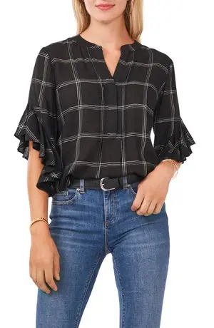Vince Camuto Windowpane Ruffle Sleeve Popover Top