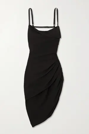 Jacquemus Saudade Asymmetric Draped Woven Mini Dress Black