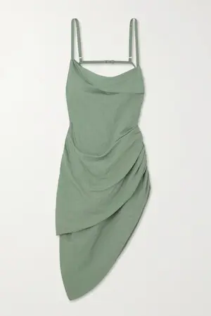 Jacquemus Saudade Asymmetric Draped Woven Mini Dress Green