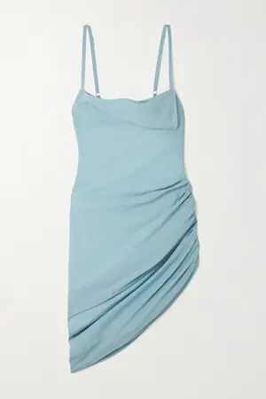 Jacquemus Saudade Asymmetric Draped Woven Mini Dress Light Blue