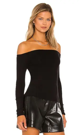 Enza Costa Off The Shoulder Ribbed Long Sleeve Top - Black