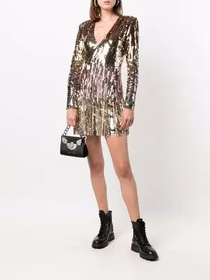 Philipp Plein Degrade Fringe V-neck Dress - Gold