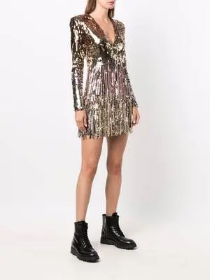 Philipp Plein Degrade Fringe V-neck Dress - Gold