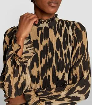 GANNI Pleated Leopard Georgette Dress