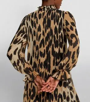 GANNI Pleated Leopard Georgette Dress