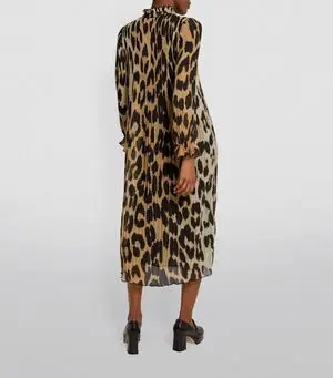GANNI Pleated Leopard Georgette Dress