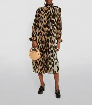 GANNI Pleated Leopard Georgette Dress