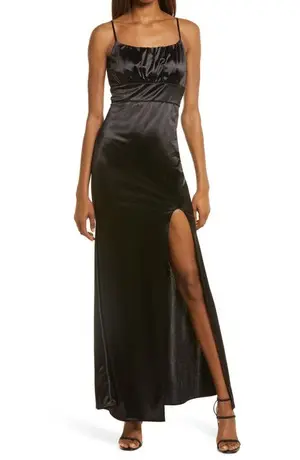 Lulus Under The Spotlight Sleeveless Satin Gown - Black