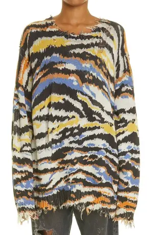 R13 Multi Zebra Print Distressed Oversize Cotton Sweater Multi Zebra Print