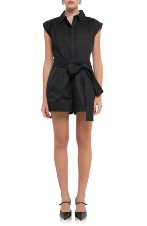 GREY LAB Ruched Collar Cotton Romper - Black