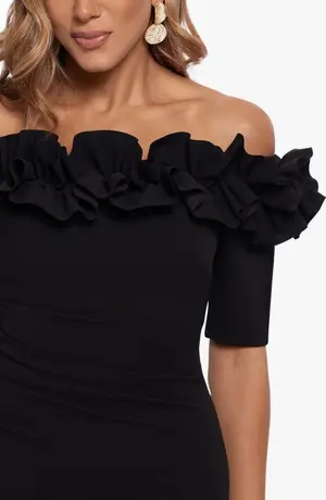 XSCAPE EVENINGS Ruffle Off-the-shoulder Crepe Column Gown