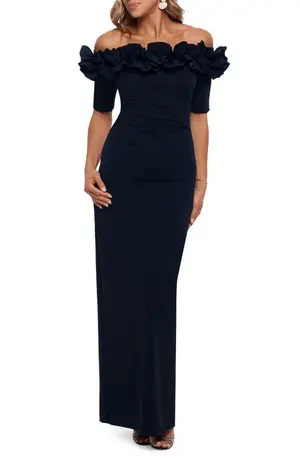 XSCAPE EVENINGS Ruffle Off-the-shoulder Crepe Column Gown - Navy