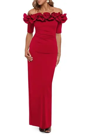 XSCAPE EVENINGS Ruffle Off-the-shoulder Crepe Column Gown - Red