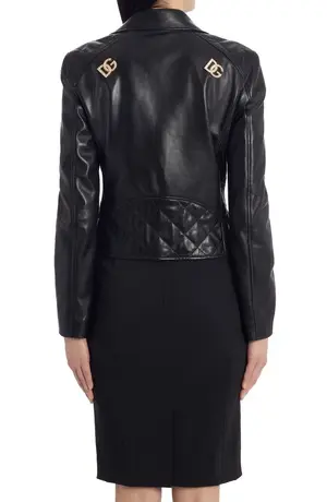 Dolce & Gabbana Crystal Logo Leather Biker Jacket