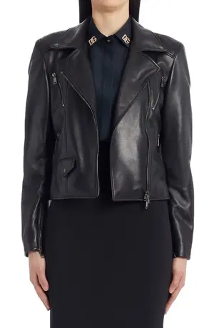 Dolce & Gabbana Crystal Logo Leather Biker Jacket