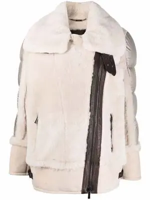MOORER Padded Leather Jacket With Shearling Trim - Neutrals