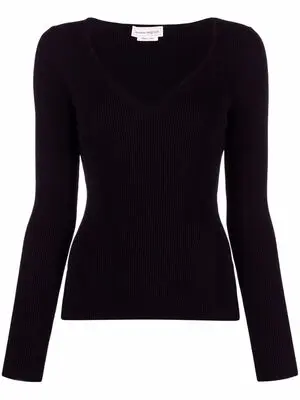 Alexander McQueen V-neck Ribbed Knit Long Sleeve Top