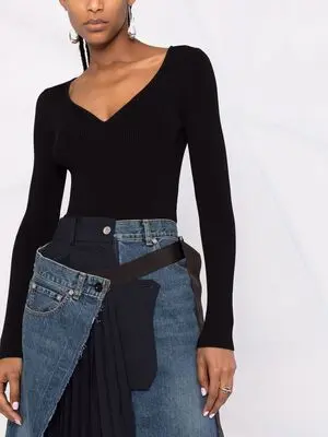 Alexander McQueen V-neck Ribbed Knit Long Sleeve Top