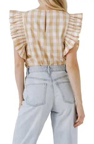 English Factory Gingham Ruffle Sleeve Top