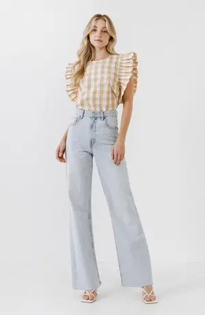 English Factory Gingham Ruffle Sleeve Top
