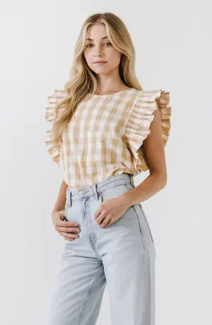 English Factory Gingham Ruffle Sleeve Top