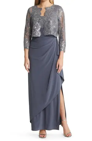 Alex Evenings Embroidered Empire Gown With Jacket Smoke