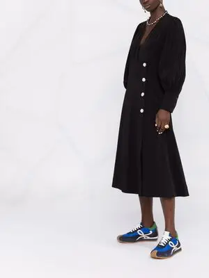 GANNI V-neck Wrap Midi Dress With Balloon Sleeves And Button Detailing