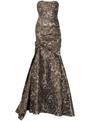Monique Lhuillier Leopard Print Cold-shoulder Gown - Brown