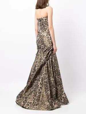 Monique Lhuillier Leopard Print Cold-shoulder Gown