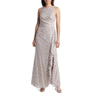 Alex Evenings Ruffle Sequin Lace Gown - Buff