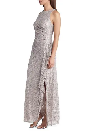 Alex Evenings Ruffle Sequin Lace Gown - Buff