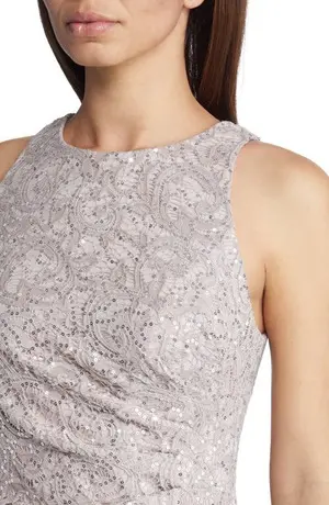 Alex Evenings Ruffle Sequin Lace Gown - Buff