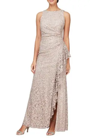 Alex Evenings Ruffle Sequin Lace Gown - Buff
